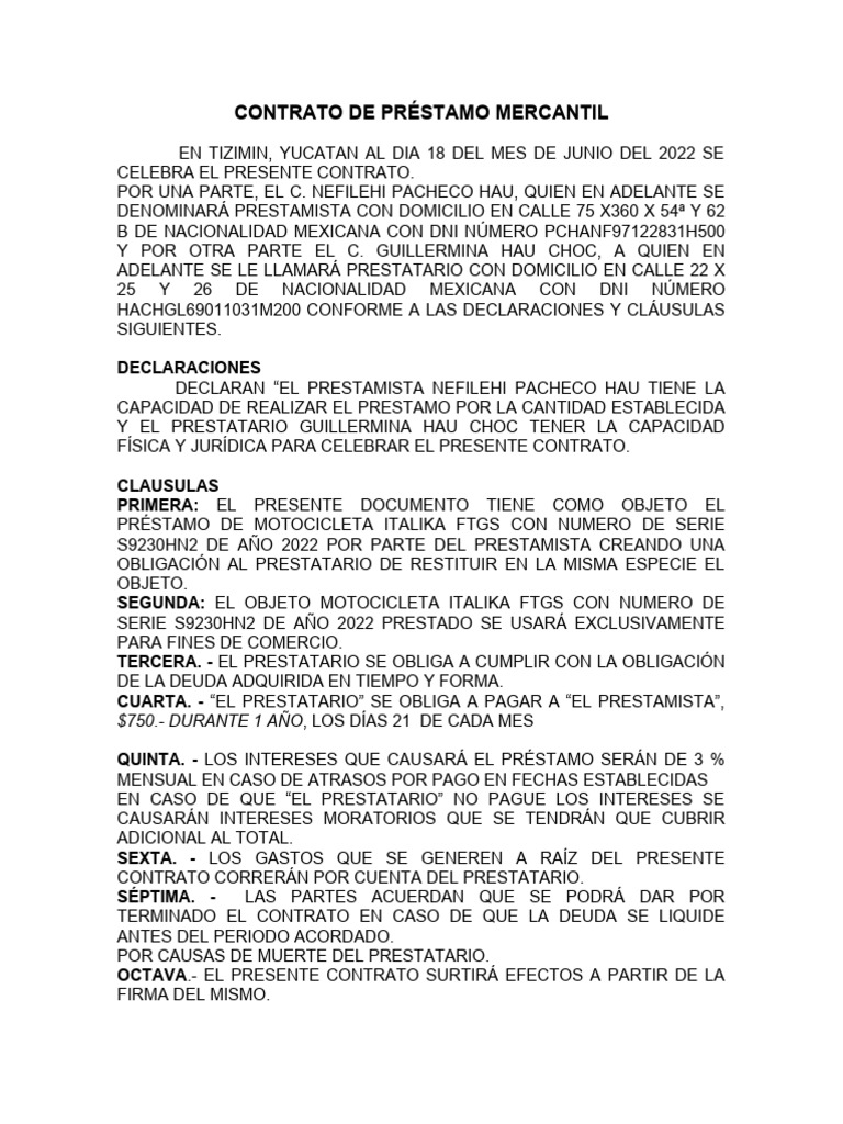 Contrato de Préstamo Mercantil | PDF | Derecho