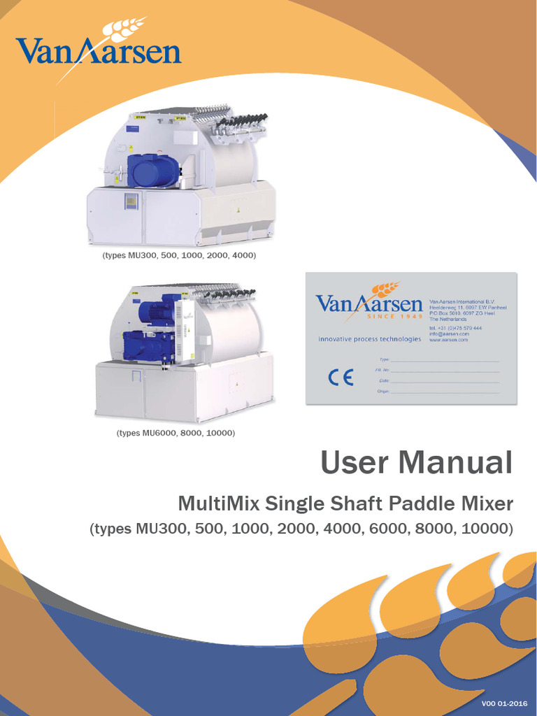 User Manual MultiMix Single Shaft Paddle Mixer V00 | PDF | Valve | Belt ...