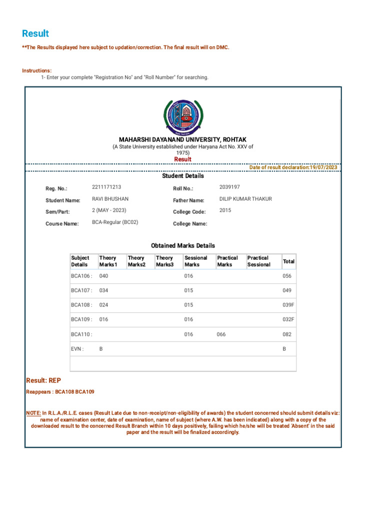 Final Year BCA Marksheet Sample | PDF