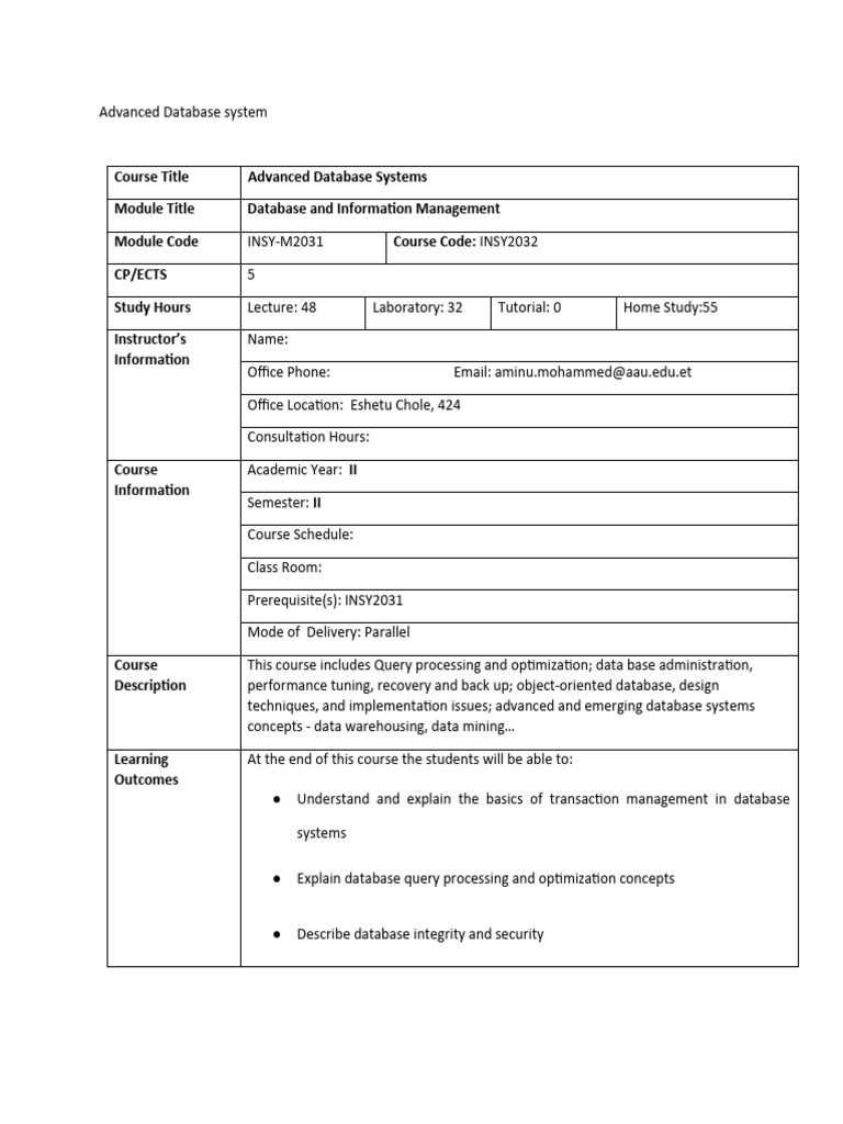 Advanced Database System-Course Syllabus 2021 | PDF | Databases | Database Transaction