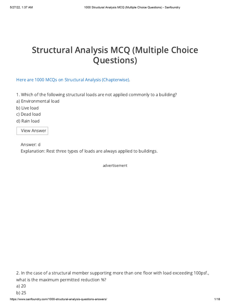 1000 Structural Analysis Mcq Multiple Choice Questions Sanfoundry Pdf Structural