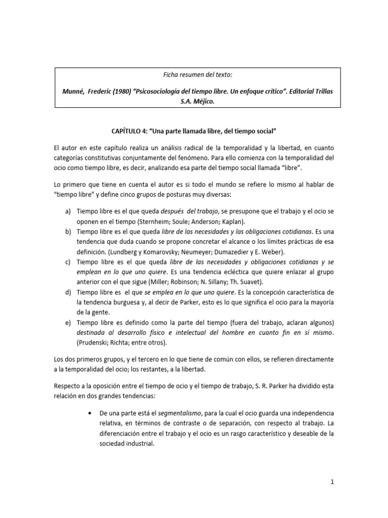 Munne F Psicosociologia Del Tiempo Libre. Cap 4 y 5. Ficha Resumen | PDF | Ocio | Libertad