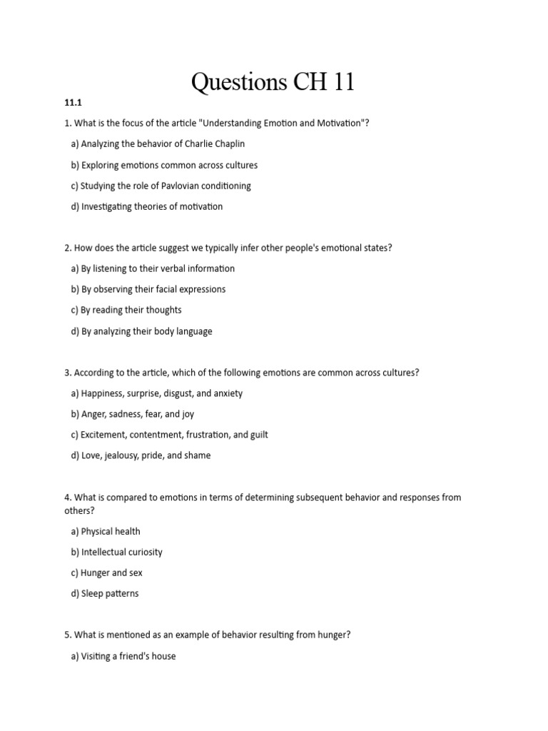 Practice Questions CH 11 | PDF | Emotions | Motivational