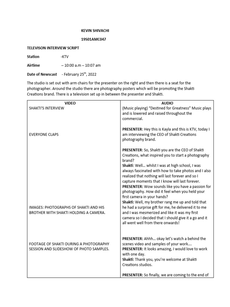 KEVIN SHIVACHI Television Interview Script | PDF