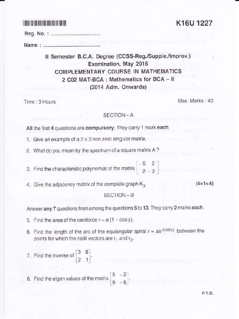 Bca II May2016 Mathematics For Bca-Ii | PDF | Matrix Theory ...