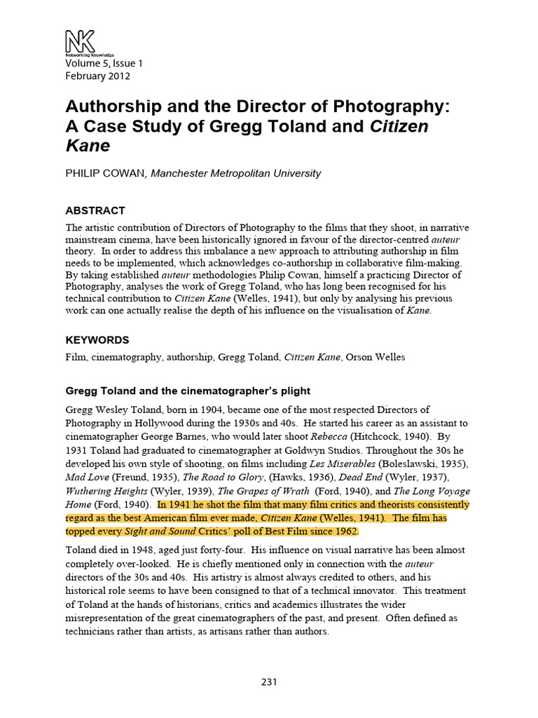 A Case Study of Gregg Toland and Citizen Kane | PDF | Cinematography