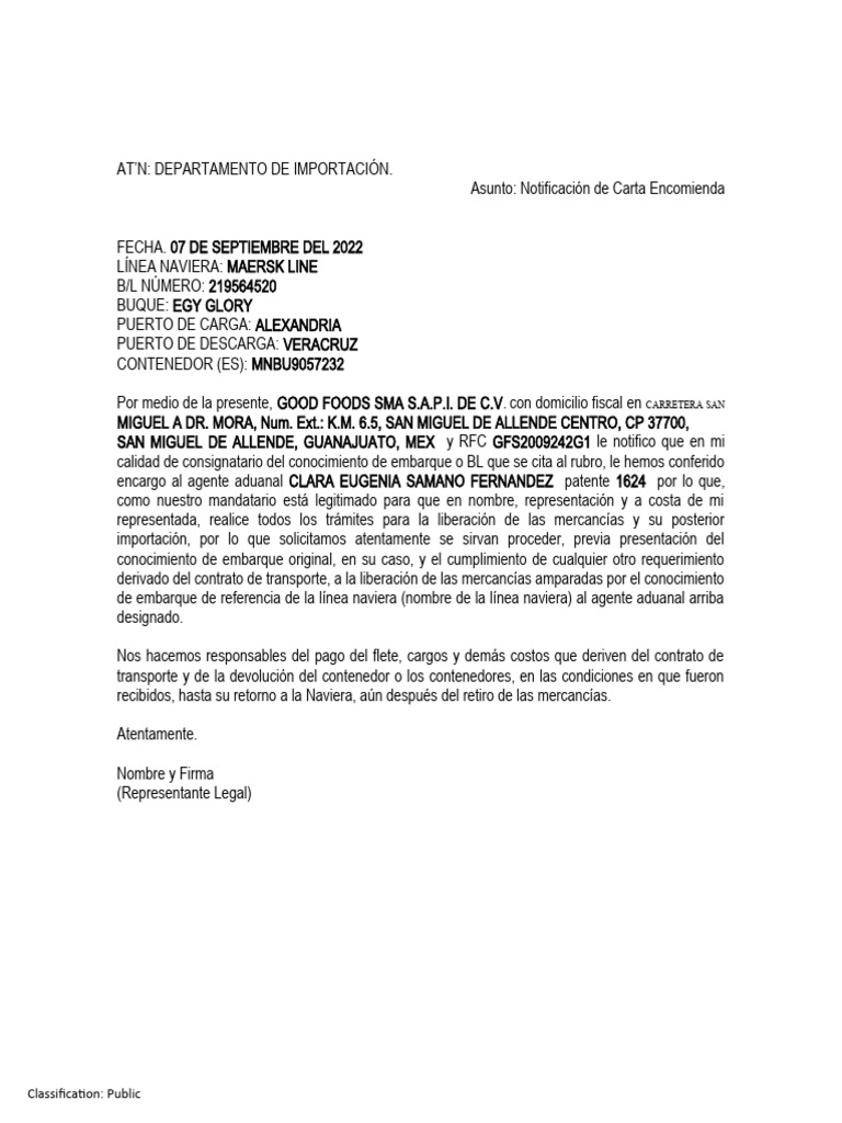 CARTA ENCOMIENDA MAERSK | PDF