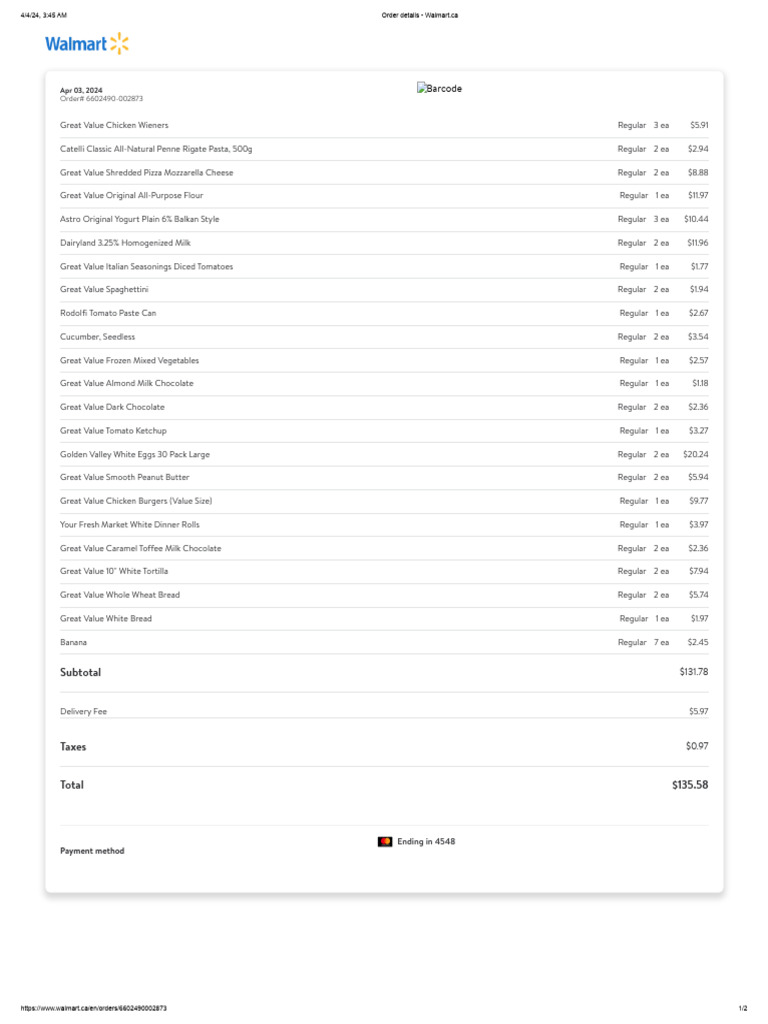 Walmart Order Summary - April 2024 | PDF | Pasta | Spaghetti