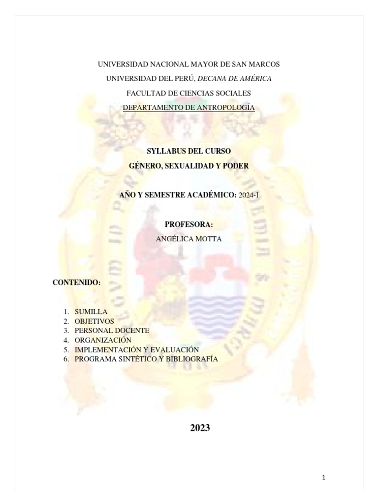 Silabus 2024-1. Género, Sexualidad y Poder. Angélica Motta | PDF | Género | Estudios de género