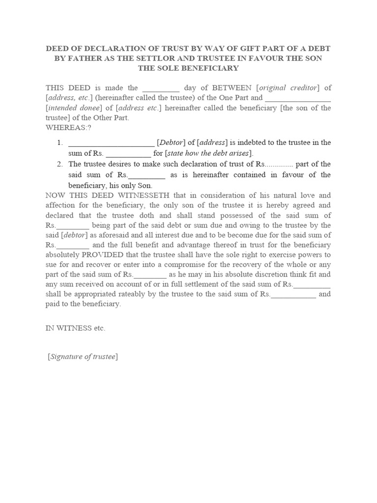 Deed of Declaration of Trust by Way of Gift Part of A Debt by Father As ...
