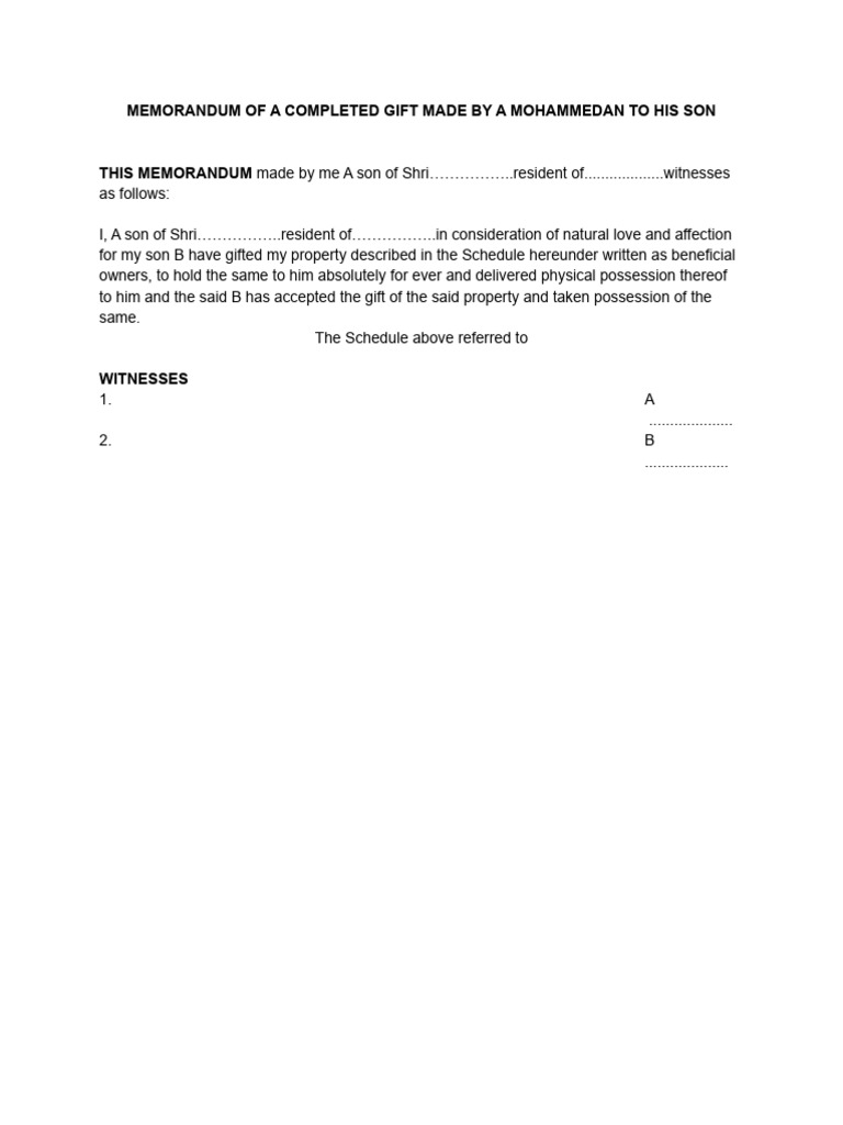 Gift Memorandum from Father to Son | PDF