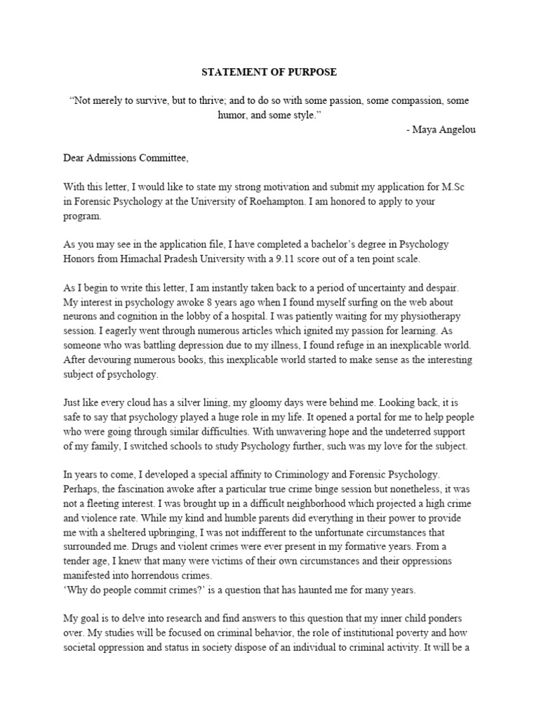 SOP For University of Roehampton (M.SC in Forensic Psychology) - Sachin ...