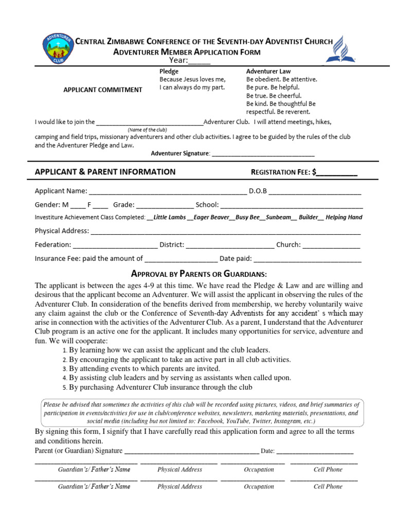 Adventurer Membership Application Form | PDF | Informed Consent | Insurance