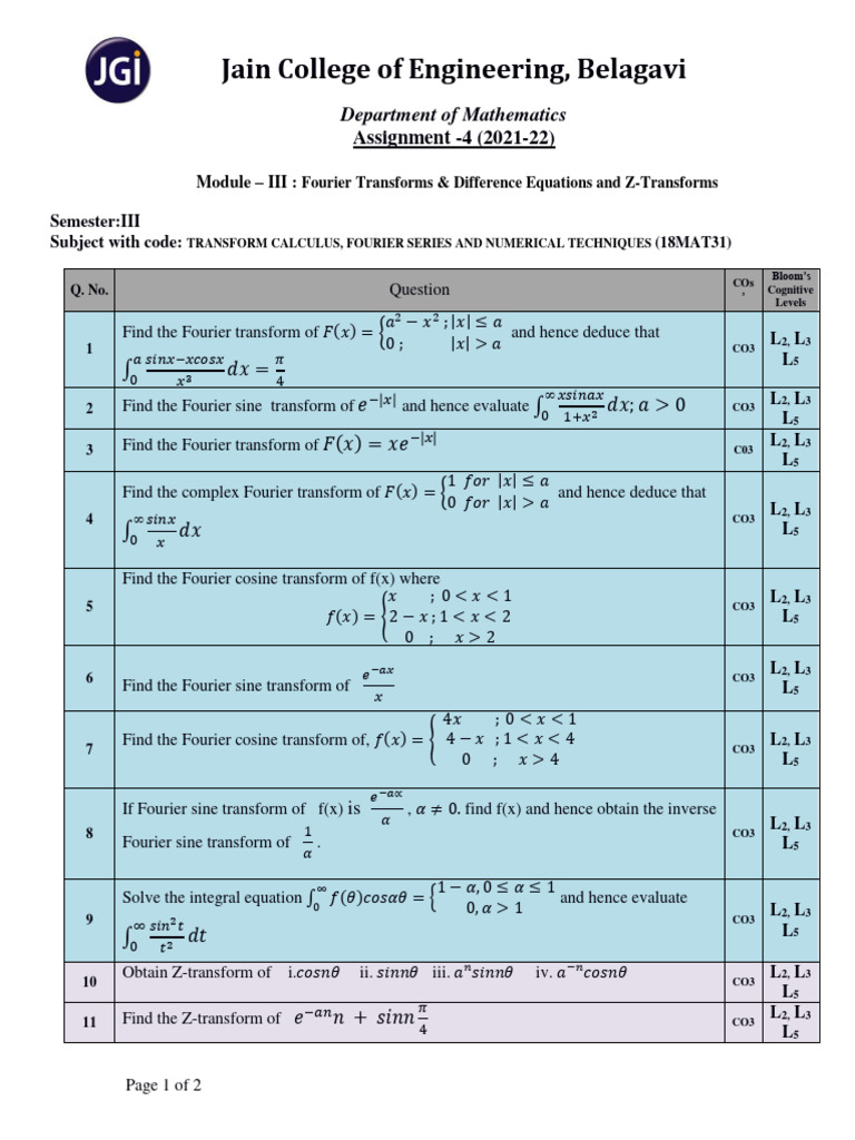 3rd Sem - Module-3 18MAT31 (Fourier Transforms & Difference Equations and Z-Transforms) | PDF ...