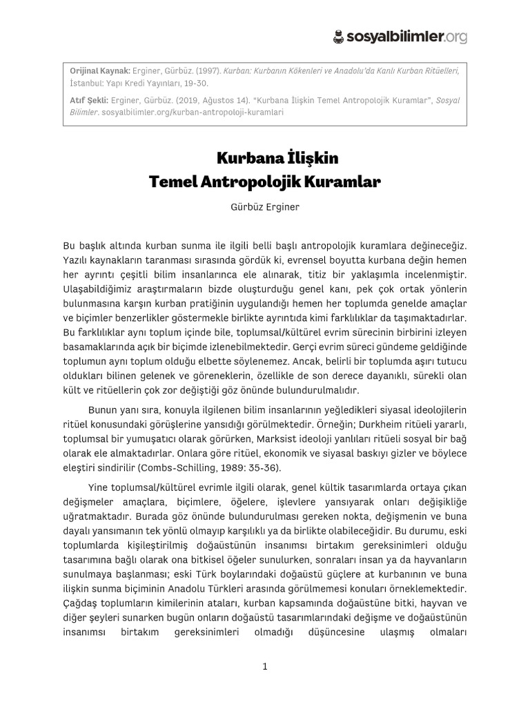 GurbuzErginer Kurbana Iliskintemel Antropolojik Kuramlar | PDF