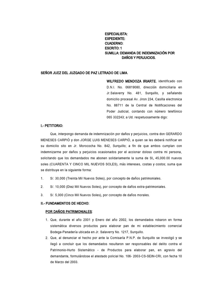 Demanda Corregido | PDF | Daños y perjuicios | Intención (Derecho Penal)