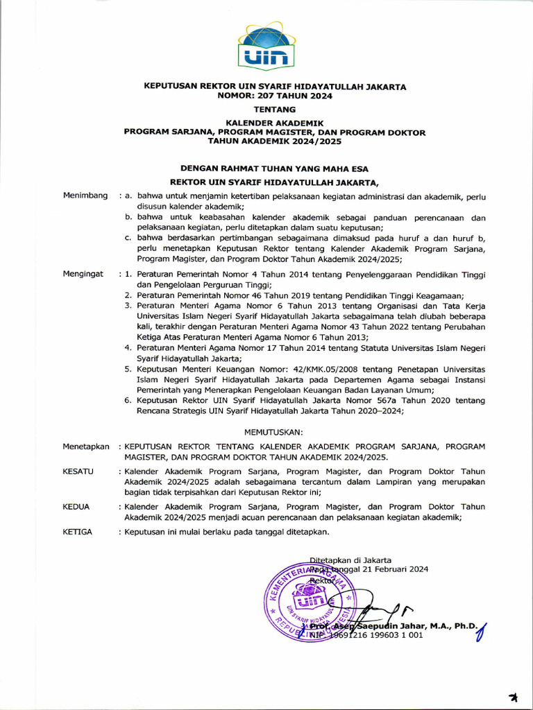 sk-rektor-no-207-ttg-kalender-akademik-2024-2025 | PDF