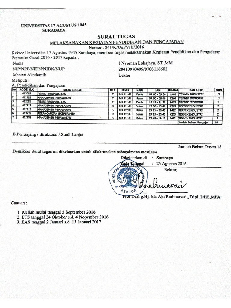 Surat Tugas Mengajar Semester Gasal 2016-2017 | PDF