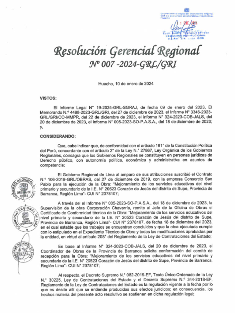 Resolucion Gerencial Regional N°007-2024-Grl-Gri | PDF