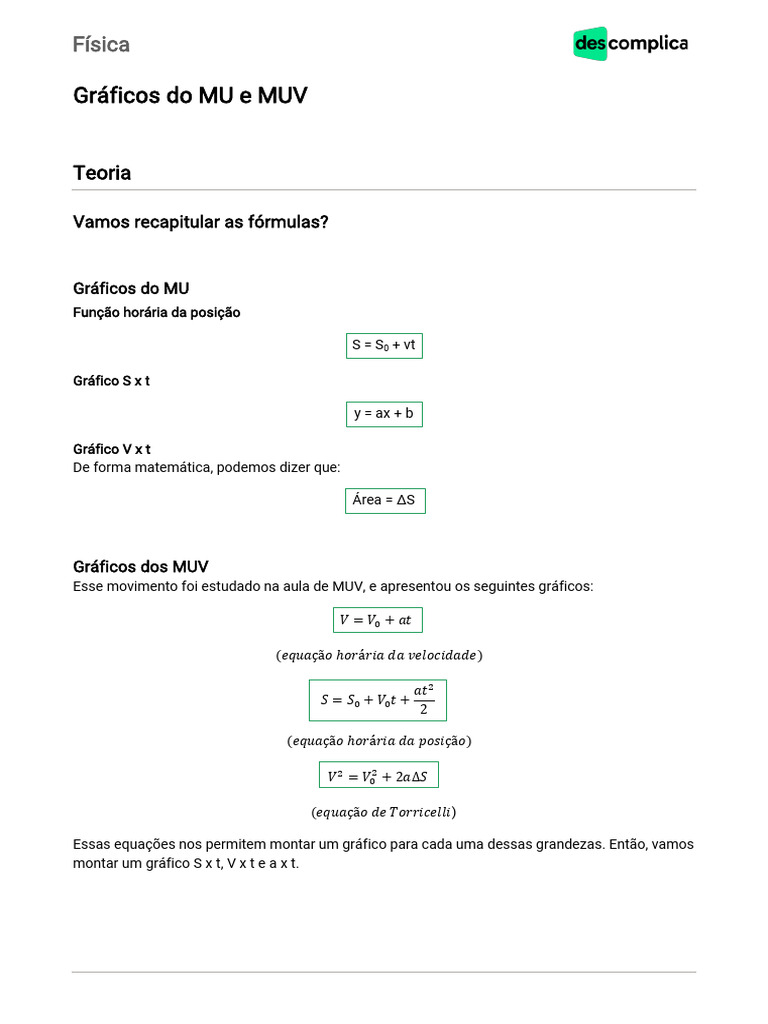 Gráficos e Fórmulas de MU e MUV | PDF | Aceleração | Velocidade