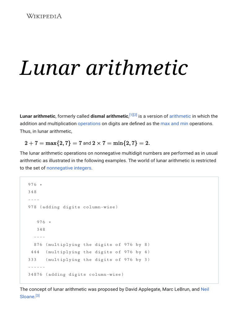 Lunar Arithmetic - Wikipedia | PDF | Multiplication | Numbers