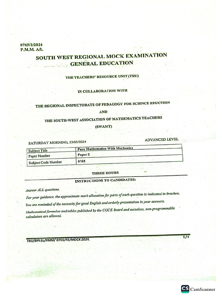 Pure Mathematics SW MOCK 2024 Paper 2 | PDF