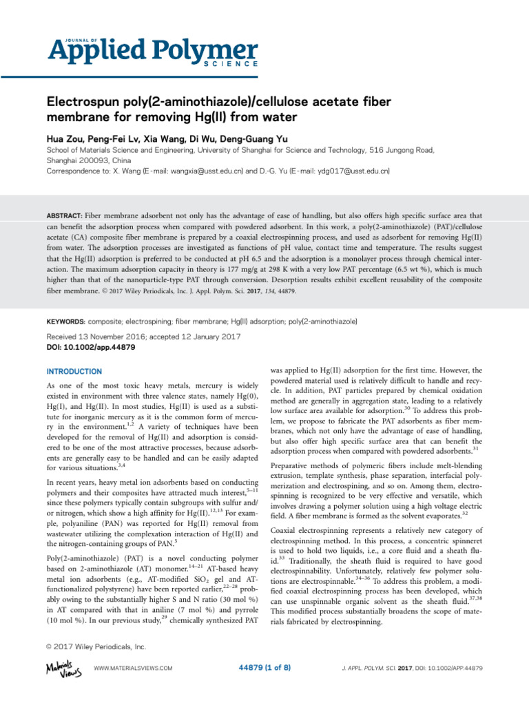 Electrospun Poly (2-Aminothiazole) :cellulose Acetate Fiber Membrane For Removing HG (II) From ...
