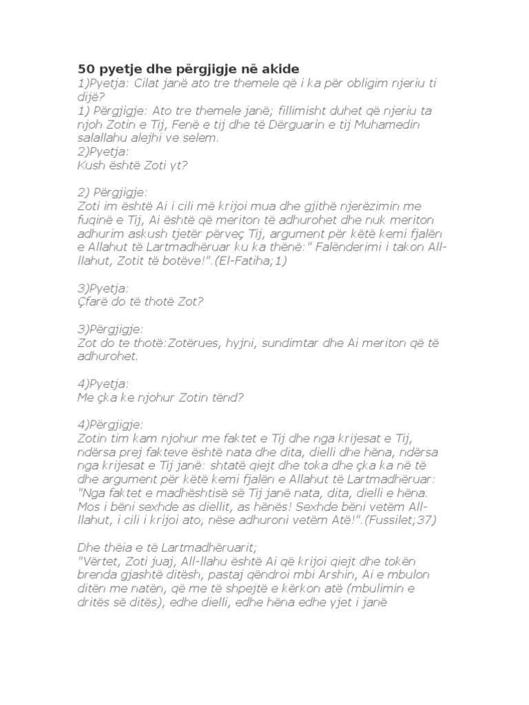 50 Pyetje Dhe Përgjigje Në Akide | PDF