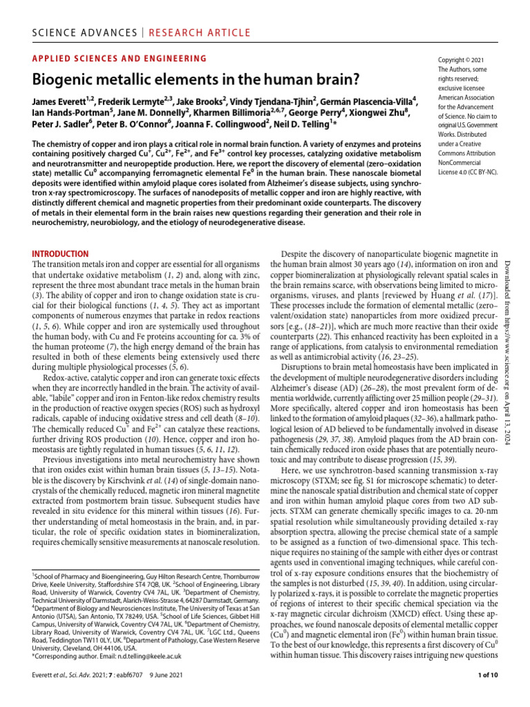 Biogenic Metallic Elements in The Human Brain? | PDF | Iron | Copper
