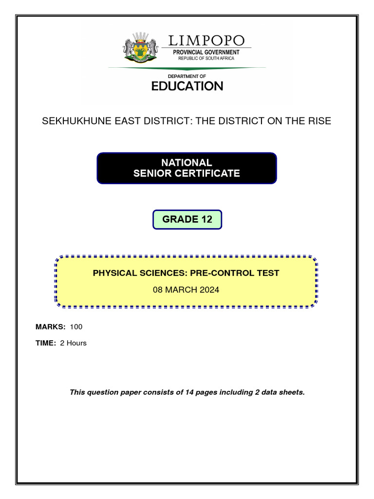 Grade 12 PHSC Pre-Control Test 1 - 08 Mar 2024 - Sekhukhune East | PDF ...