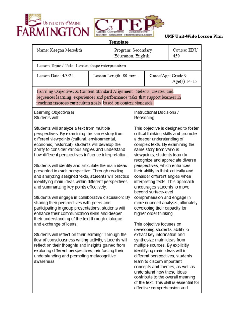 Day 4 Lesson Plan For Analysis Unit 1 | PDF | Learning | Reading ...