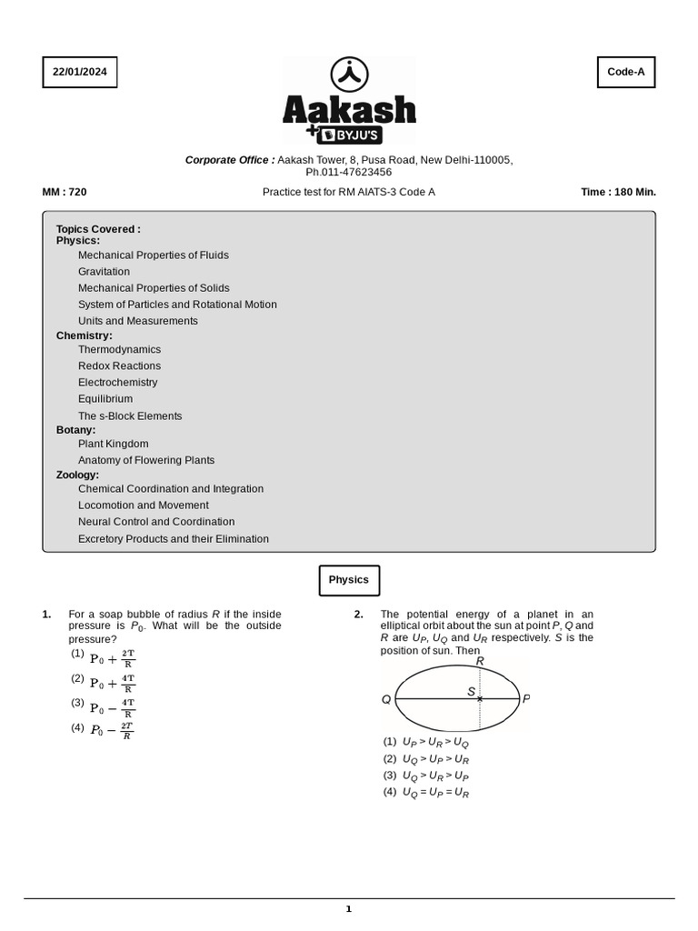 Practice Test For RM AIATS-3 Code A | PDF | Orbit | Torque
