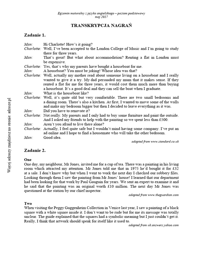 Jezyk Angielski 2017 Maj Matura Podstawowa Transkrypcja | PDF