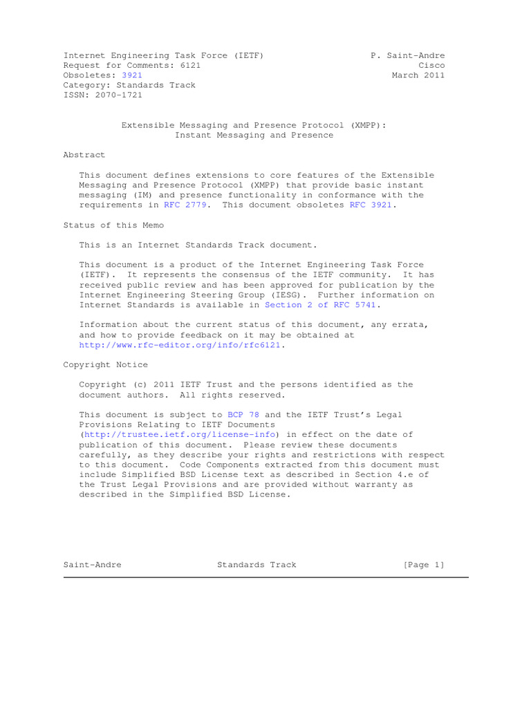 RFC 6121 | PDF | Computer Networking | Internet Architecture
