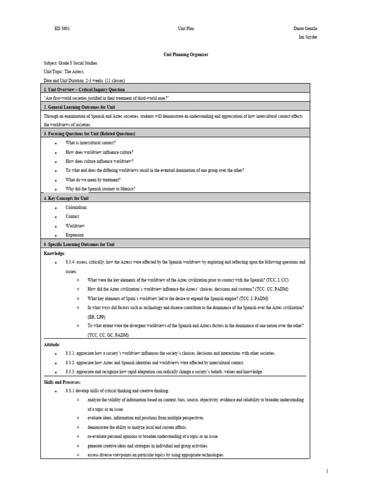 Ed 3601 Unit Plan Assignment | PDF | Information | Critical Thinking