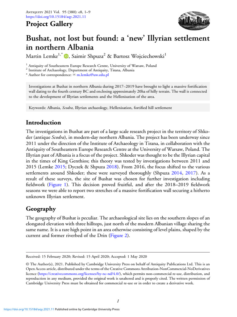 Bushat, Not Lost But Found: A New' Illyrian Settlement in Northern ...