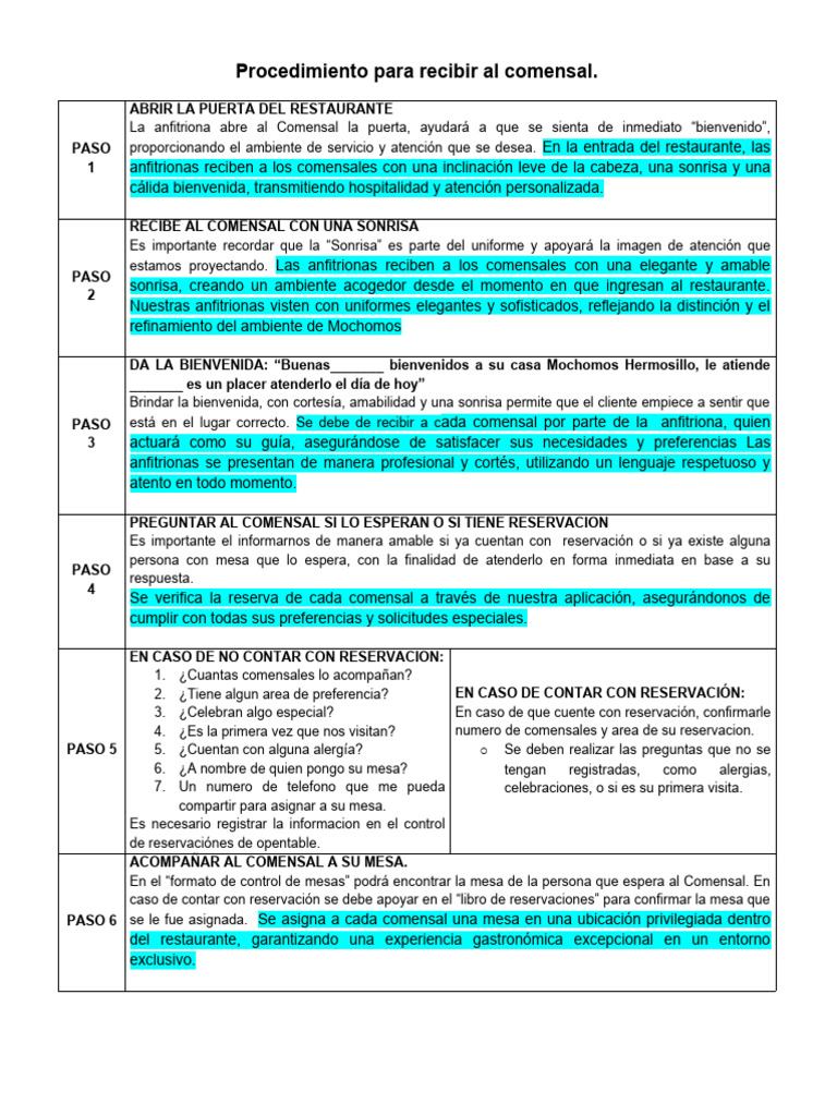 Llamadas y Procedimiento Para Recibir Al Comensal | PDF | Empatía | Cliente