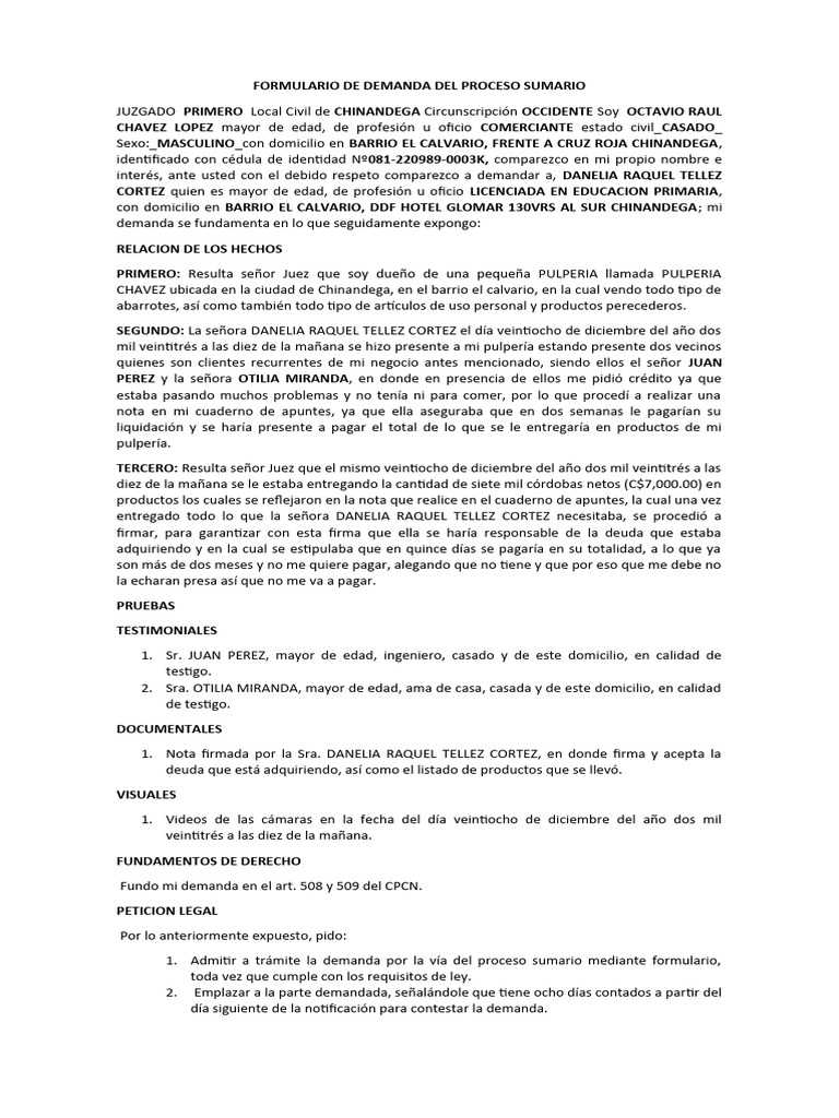 Formulario de Demanda Del Proceso Sumario | PDF | Derecho