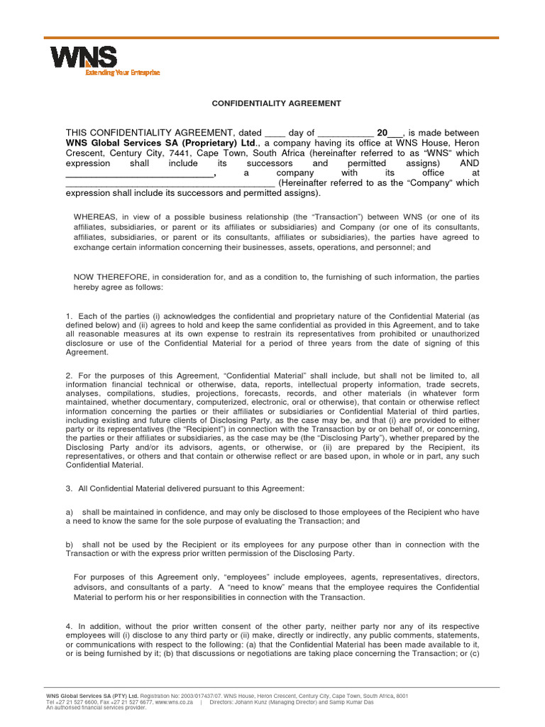 Vendor NDA Template WNS(27.07.2016) New Letterhead | PDF | Non ...