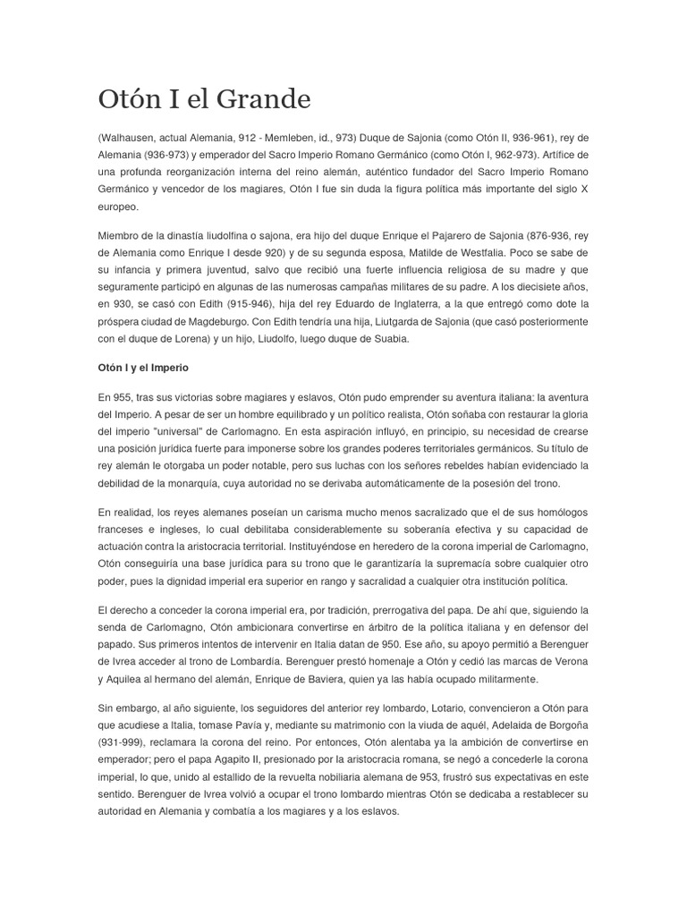 Otón I: Fundador del Sacro Imperio | PDF | Santo Imperio Romano ...