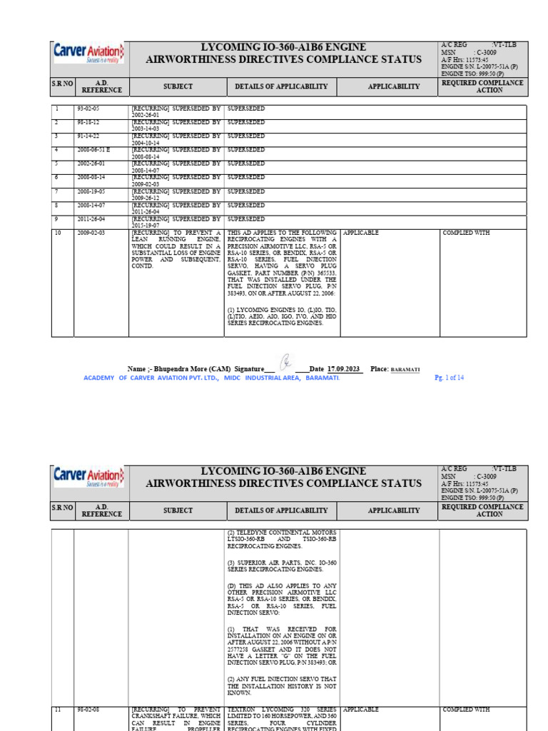 Engine and Propeller SB AD Compliance Status (LH and RH) | PDF | Cessna | Engines