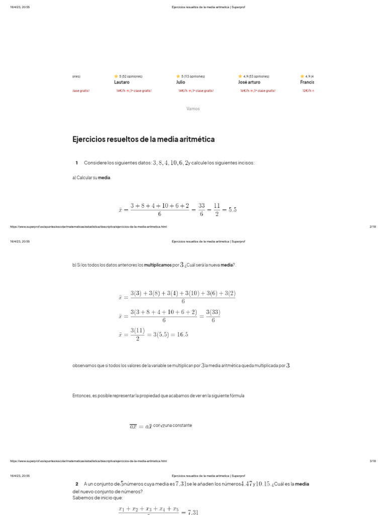 Grado 10 - Ejercicios Resueltos de La Media Aritmetica o Promedio | PDF | Significado aritmetico ...
