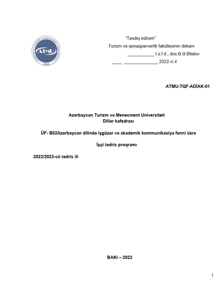 Sillabus-TİT-2203 Azərbaycan Dilində Işgüzar VƏ Akademik Kommunikasiya Xəlilov Ağaverdi | PDF