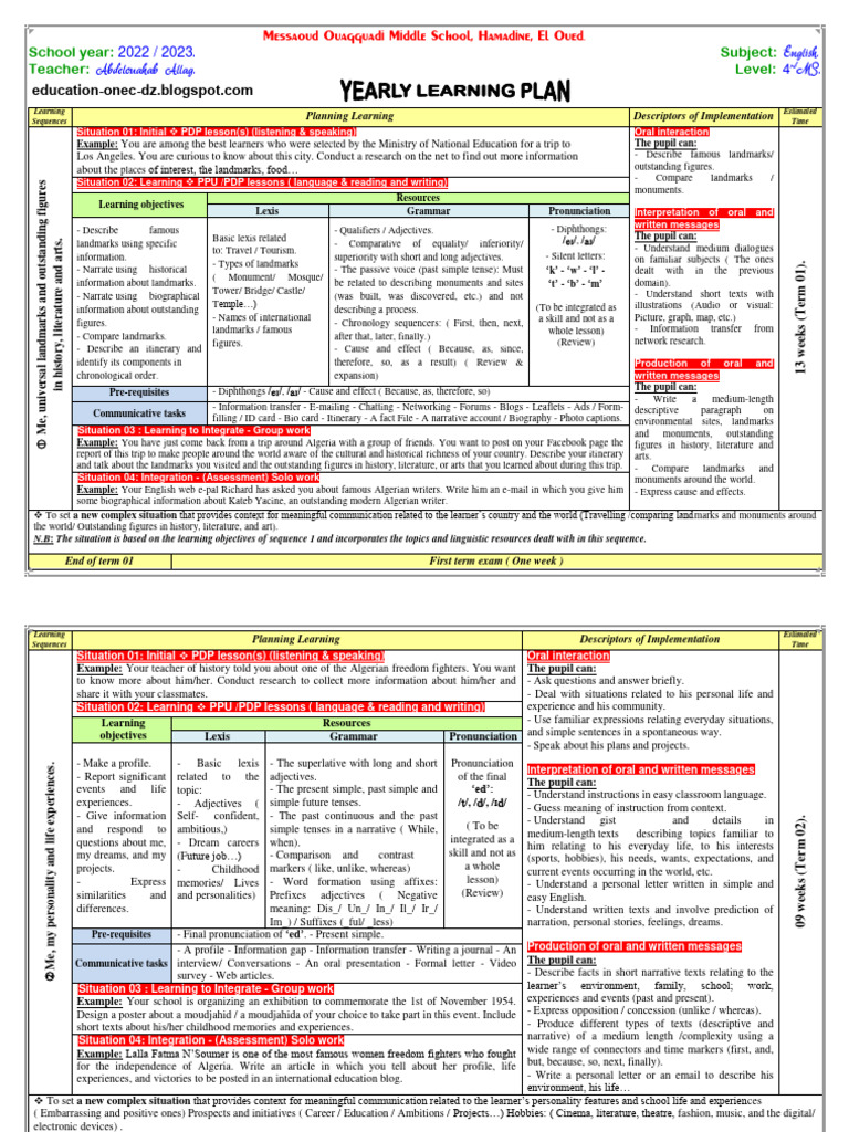 English Learning Plan for 4th MS Students | PDF | Learning | English ...