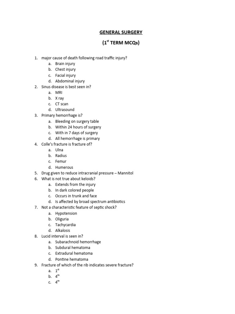 General Surgery - 1st Term Mcqs | PDF | Bleeding | Medical Specialties