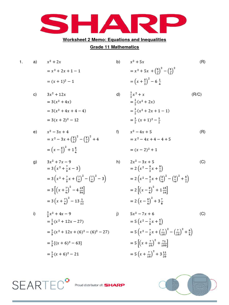 Worksheet 2 Memorandum Equations and Inequalities Grade 11 Mathematics ...