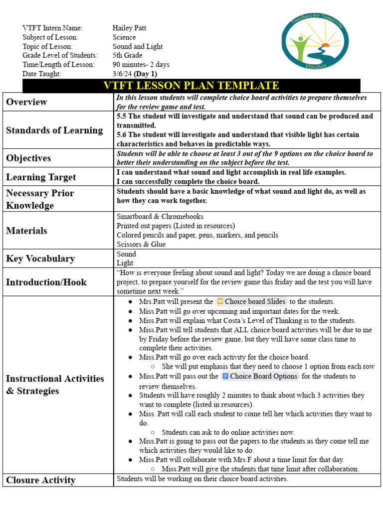 Hailey Patt - Lesson Plan Template VTFT | PDF | Light | Sound