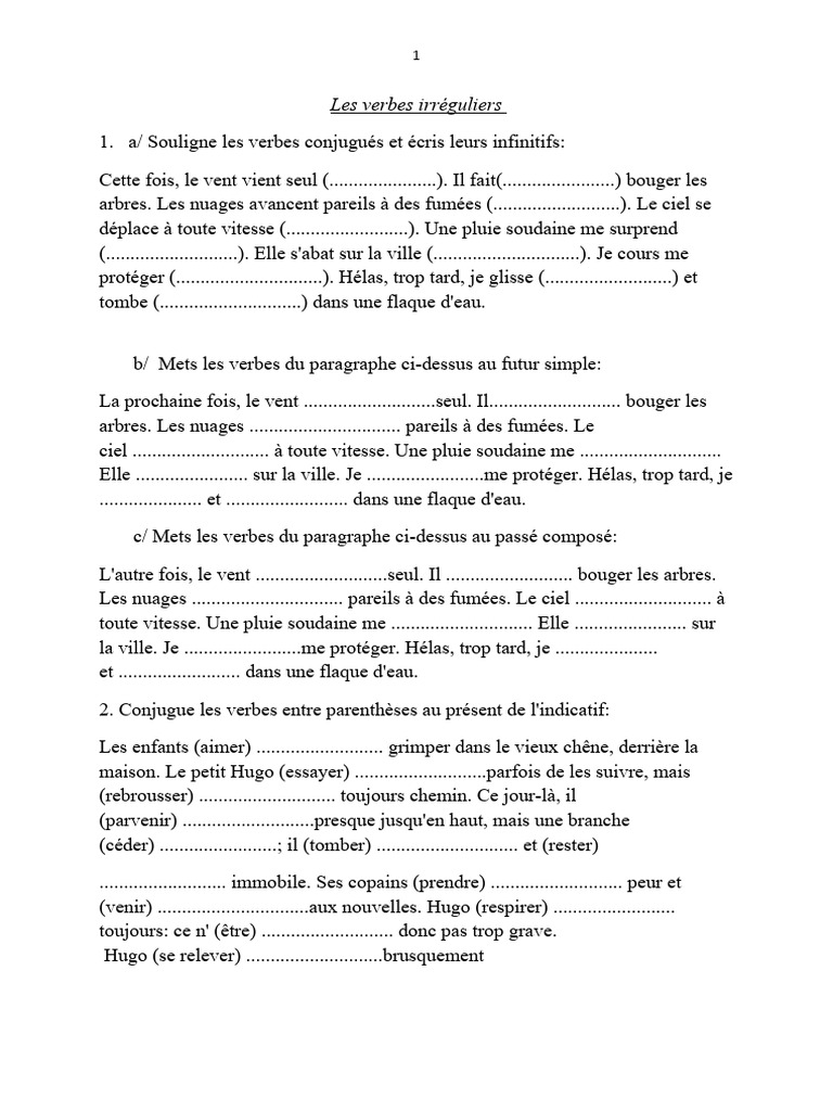 Exercices sur les verbes irréguliers 7e année | PDF