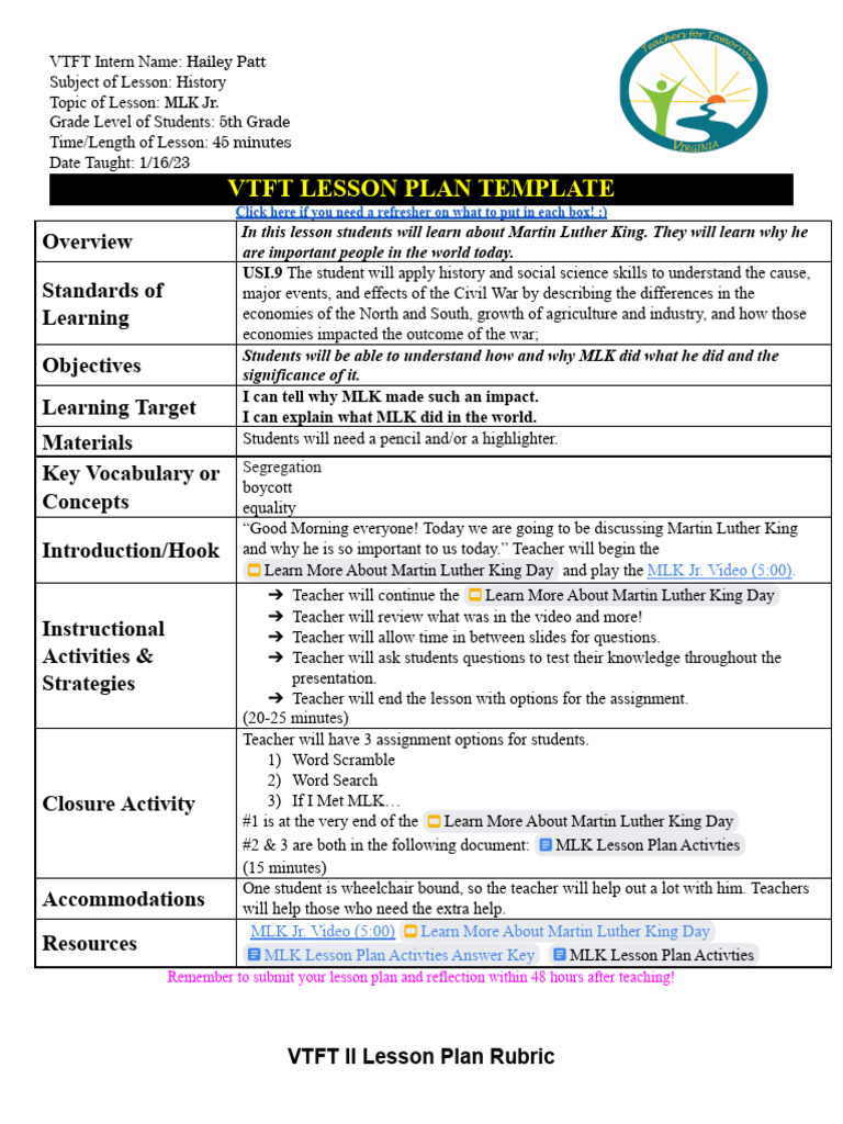Hailey Patt - Lesson Plan Template VTFT 2 | PDF | Lesson Plan | Teachers