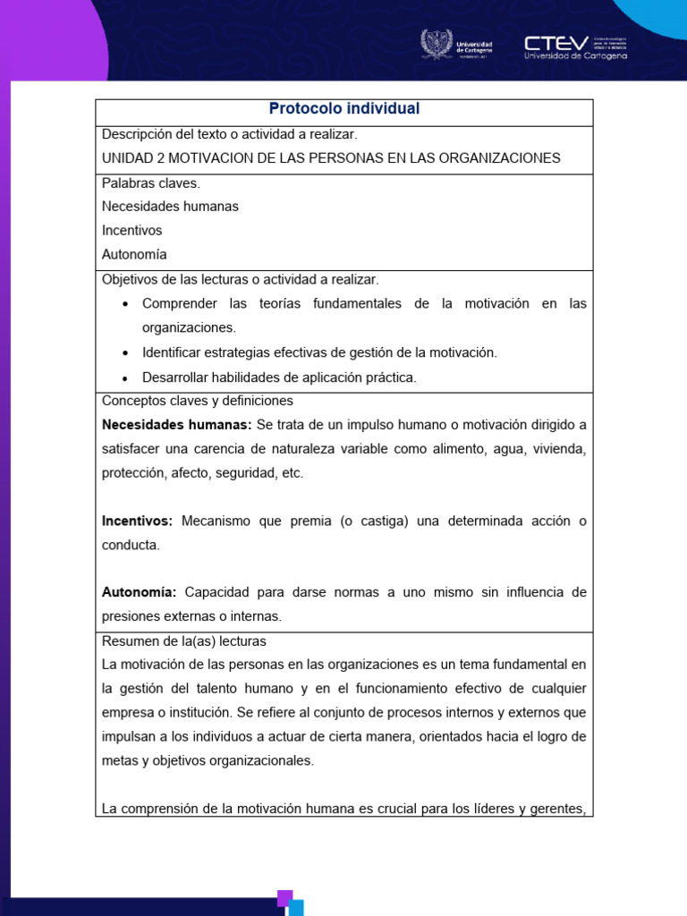 Protocolo Individual Comportamiento Organizacional #2 | PDF | Motivación | Motivacional